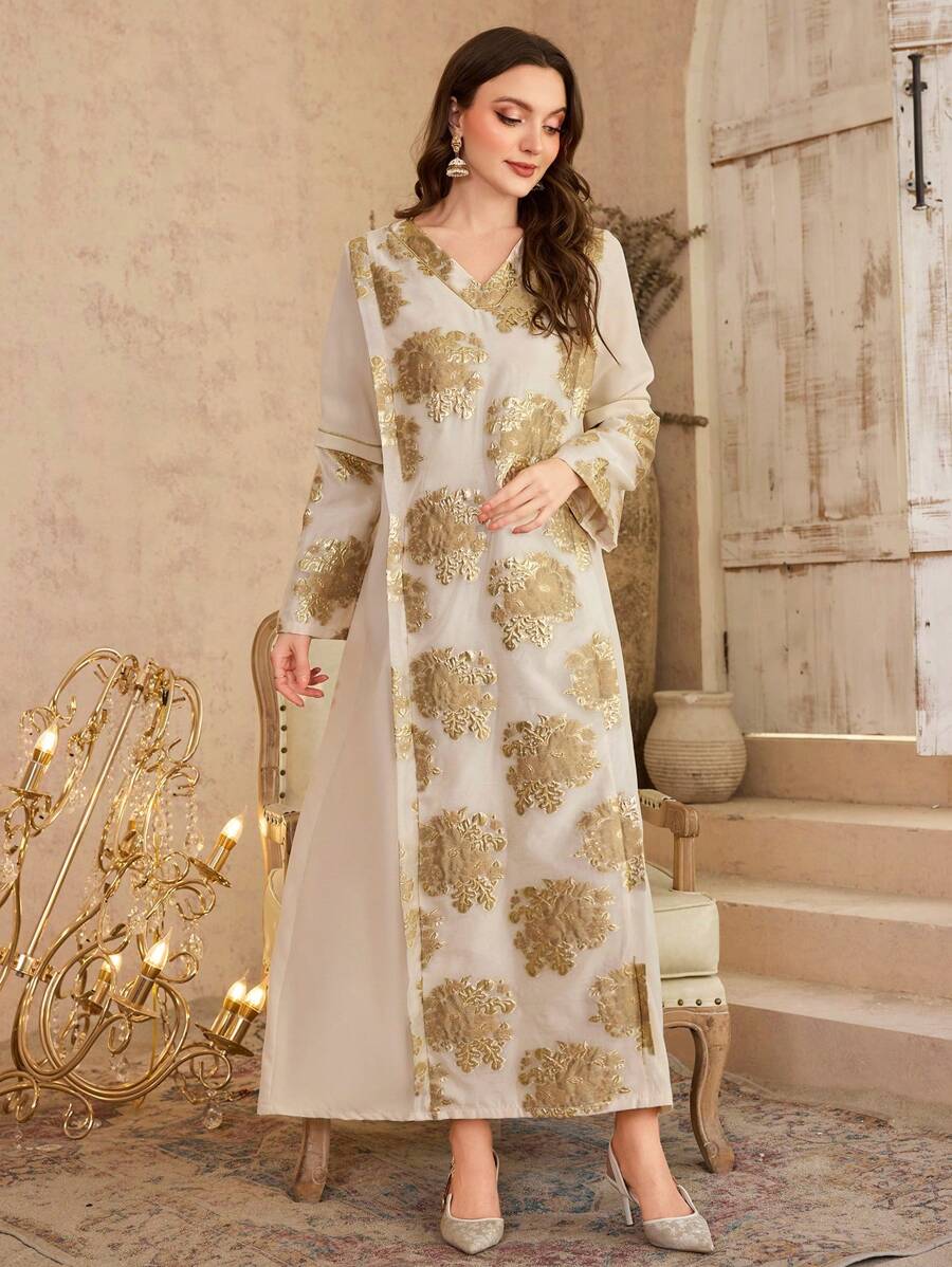 SHEIN Najma Women's Floral Sequin V-Neck Long Sleeve Arabic Traditional ...