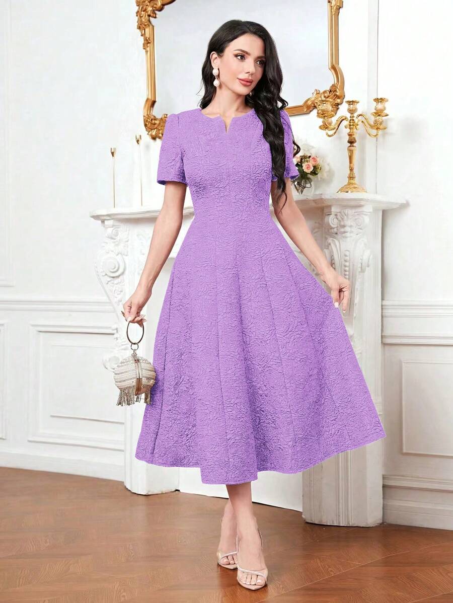 Modelyn Elegant Party Solid Color Jacquard Puff Sleeve Cinched Waist Dress Maxi Women Outfit ...