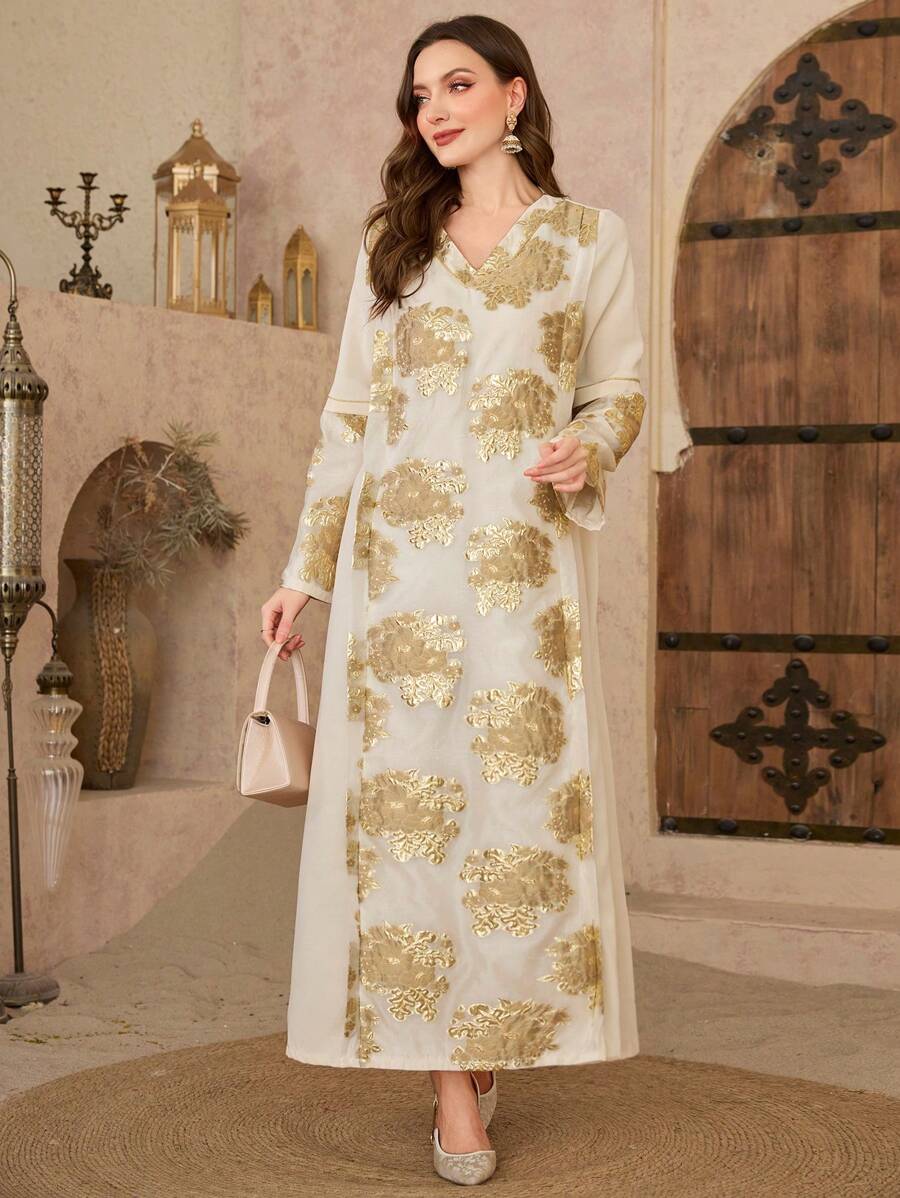 SHEIN Najma Robe traditionnelle arabe à manches longues, col en V, avec ...