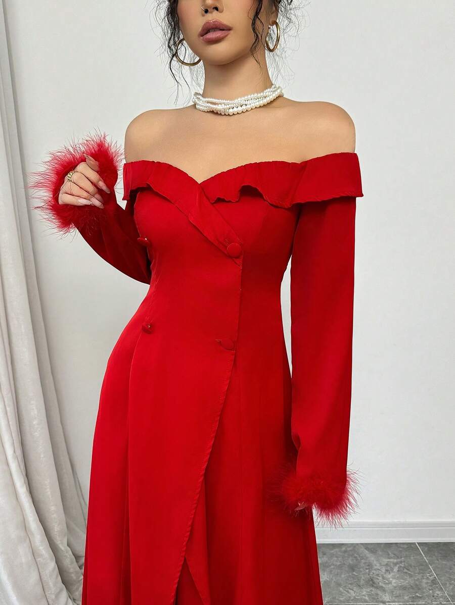 SHEIN Privé French Style Double-Breasted V-Neck Long Sleeve Maxi Red ...