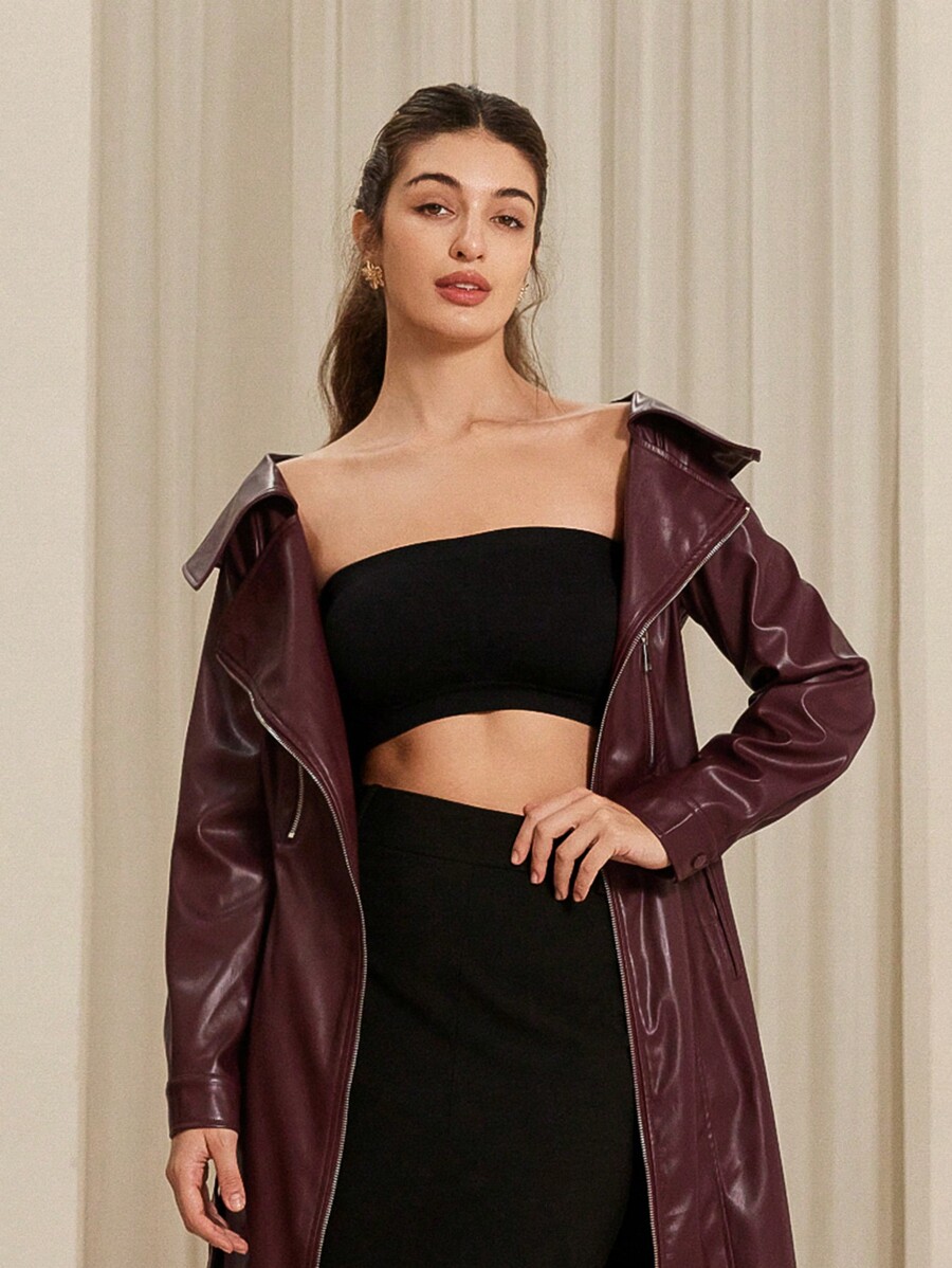 Aveloria Rosie 1pc Women Elegant PU Leather Off Shoulder Long Sleeve Cinched Waist Motorcycle ...