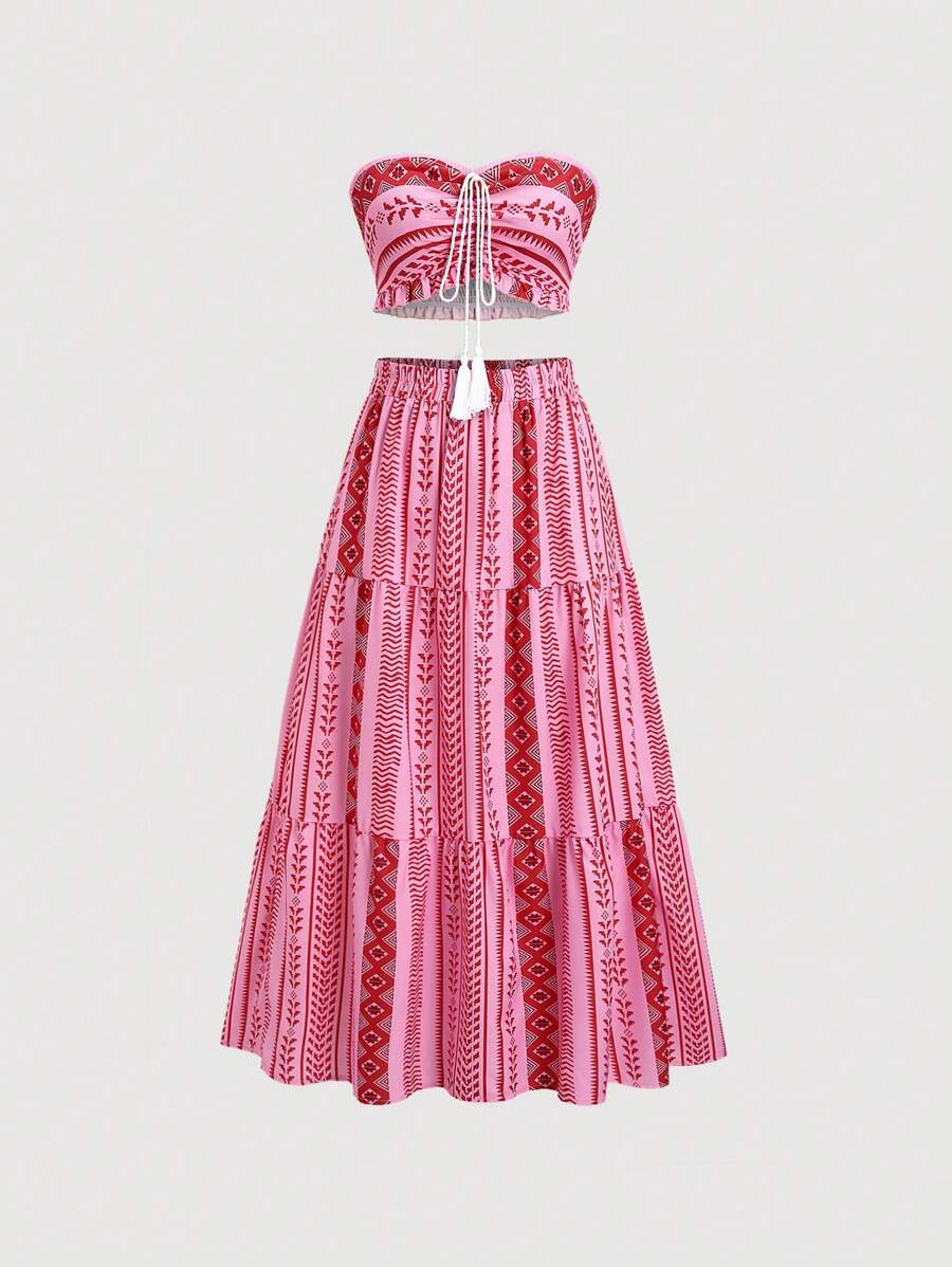 Sweetra Bohemian Printed Bandeau Top With High Waisted Skirt 2-Piece ...