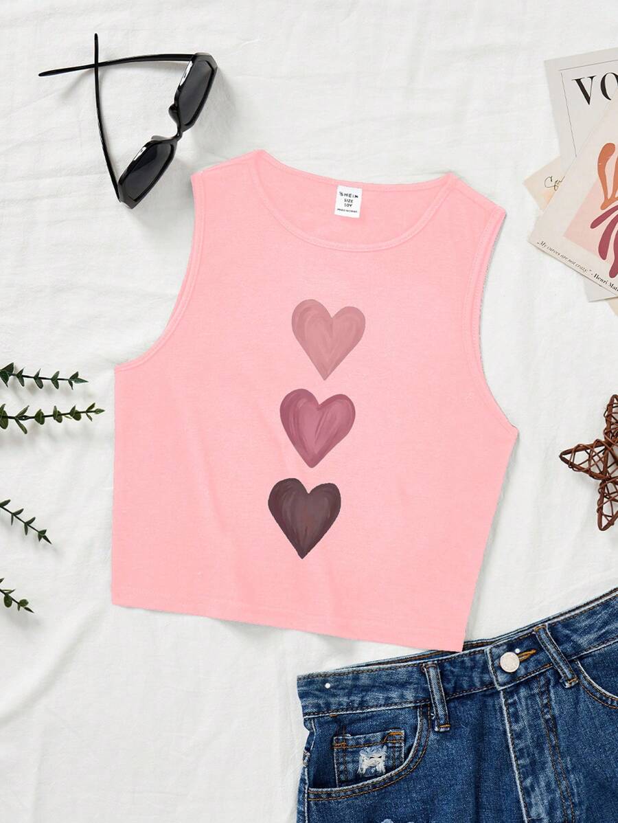 SHEIN Tween Girl Casual Minimalist Cute Heart Print Tank Top, Suitable ...