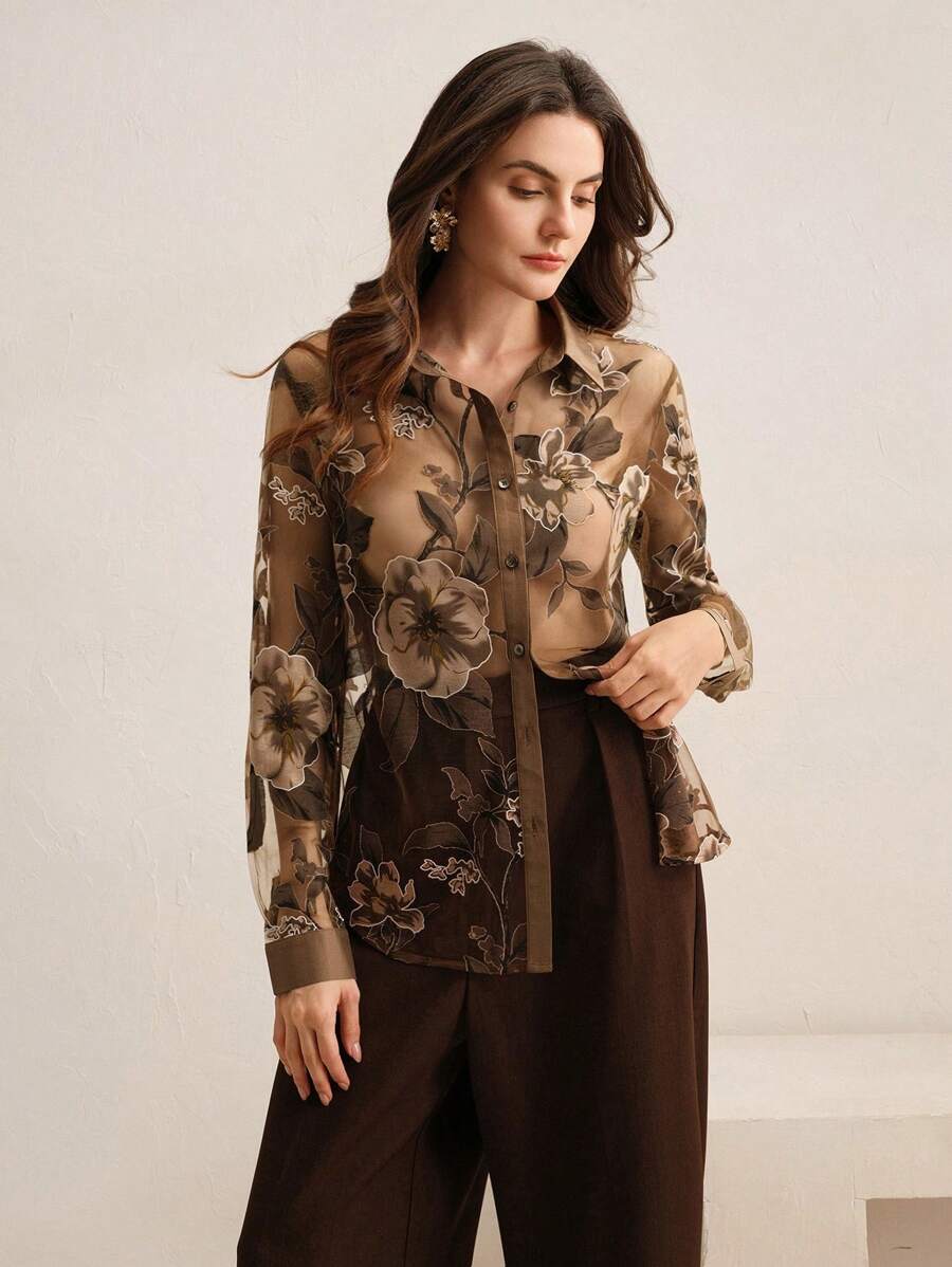 Anewsta Women's Floral Print See-Through Casual Resort Elegant Romantic Blouse, Spring | SHEIN UK