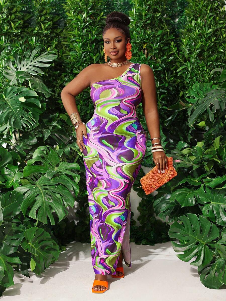 Slaydiva New 2025 Curve Plus Size Sexy Fashion Women One Shoulder Print ...