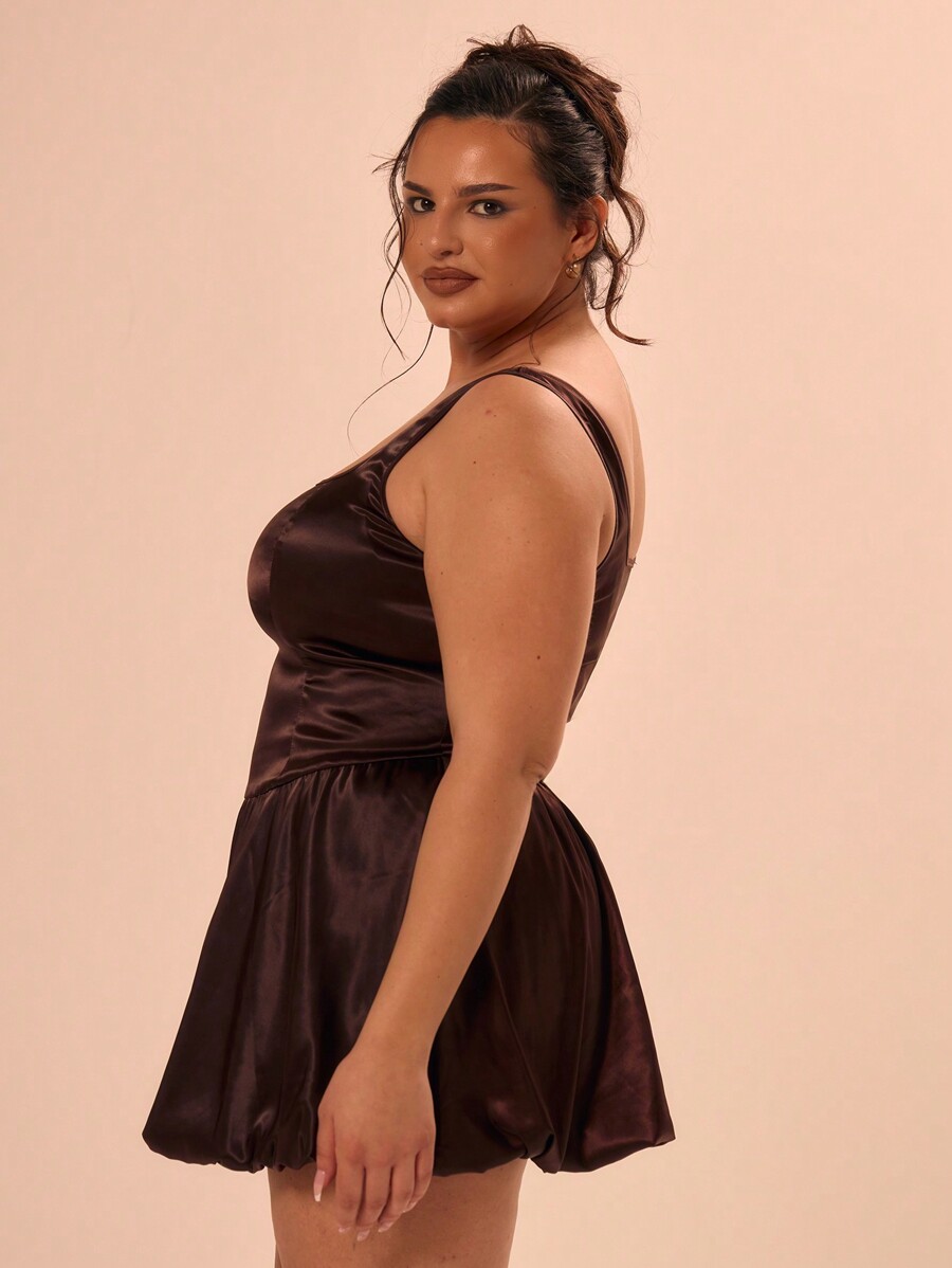 MUSERA Plus Satin Square Neck Puffball Mini Dress | SHEIN UK