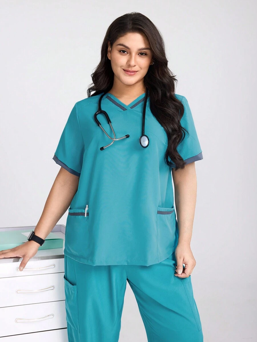 SHEIN TaskFit Plus Size Uniform Top With Contrast Trim Scrub Set Nurse ...