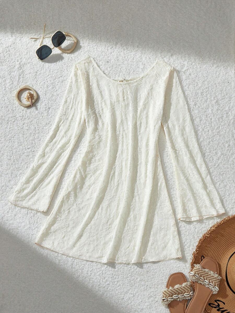 SHEIN MOD Apricot Lace Flare Sleeve Beach Cover Up For Women,Beach ...