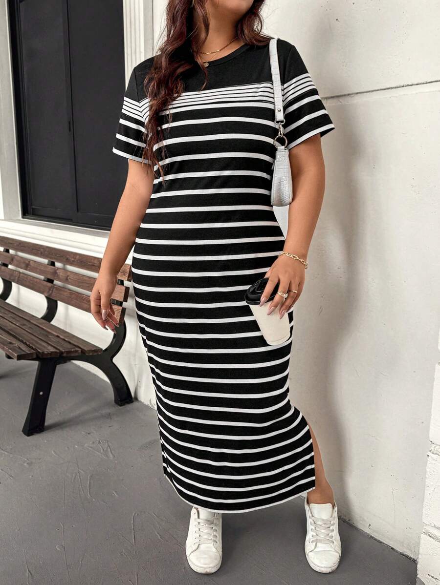 SHEIN LUNE Plus Size Color Block Striped Open Slit Knit Dress Western ...