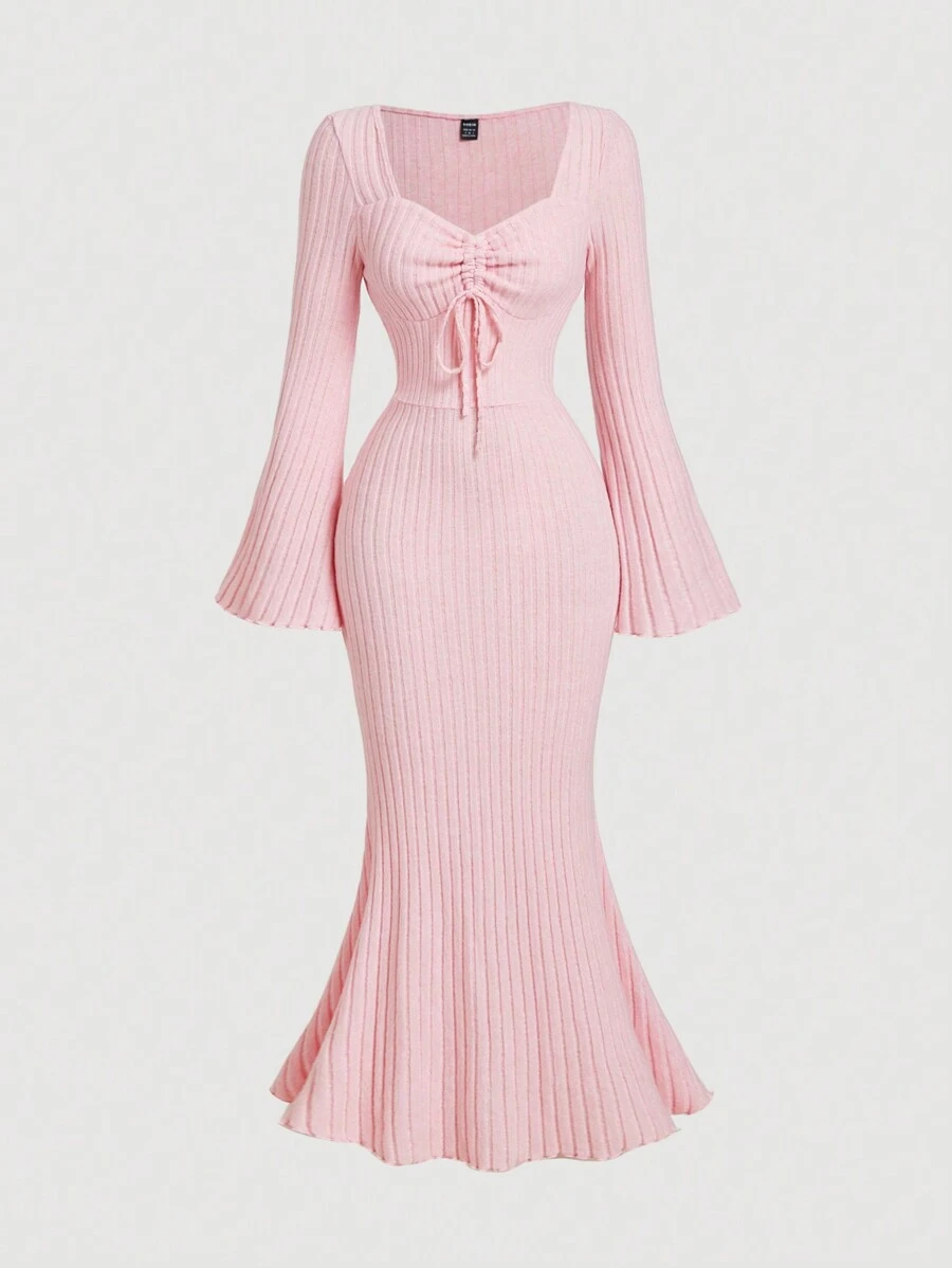 SHEIN MOD Square Neck Front Drawstring Flare Sleeve Fish Tail Frayed ...