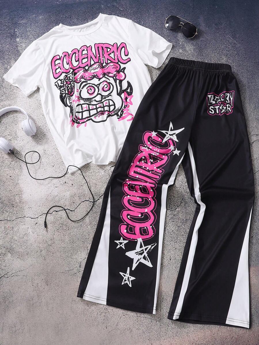 2pcs/Set Teen Boys Casual Street Y2K T-Shirt And Pants, Cute Graffiti ...