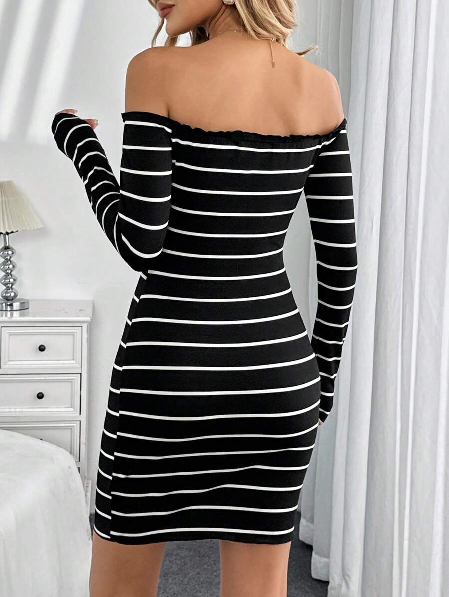 SHEIN LUNE Women Off Shoulder Black & White Striped Long Sleeve Casual ...
