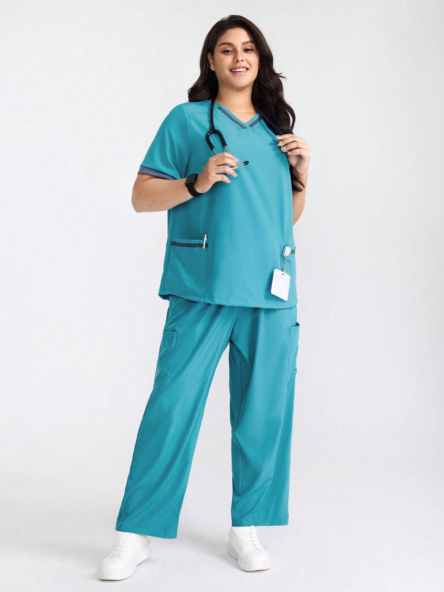 SHEIN TaskFit Plus Size Uniform Top With Contrast Trim Scrub Set Nurse ...