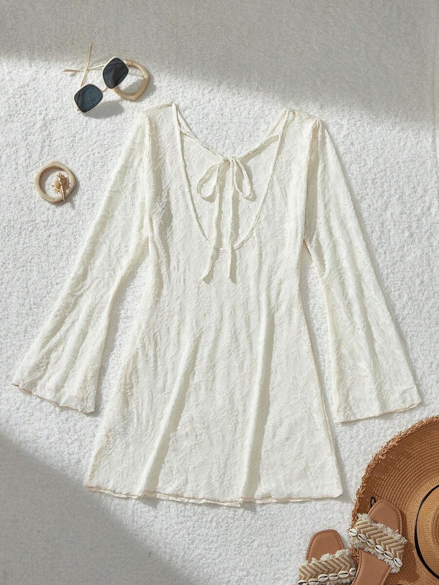 SHEIN MOD Apricot Lace Flare Sleeve Beach Cover Up For Women,Beach ...