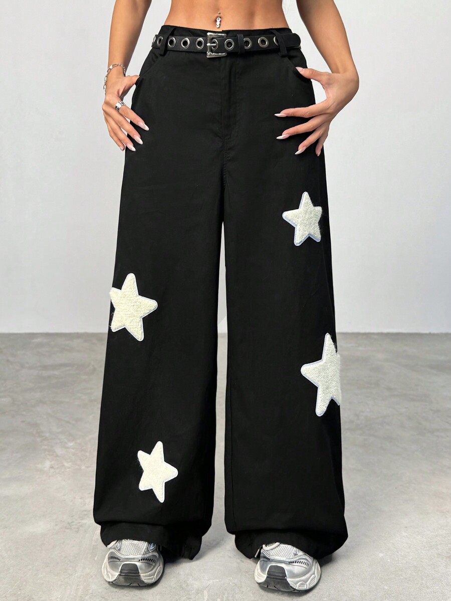 SHEIN EZwear Women's Y2K Cargo Star Pattern Patched Black Straight Leg ...