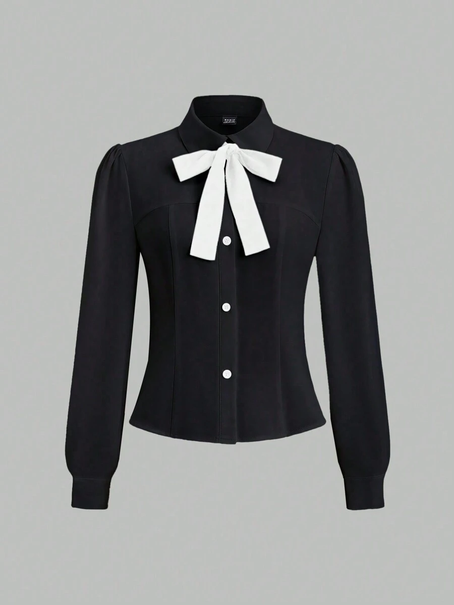 Sweetra Autumn Elegant Bow Decor Puff Sleeve Blouse Women Shirt | SHEIN USA