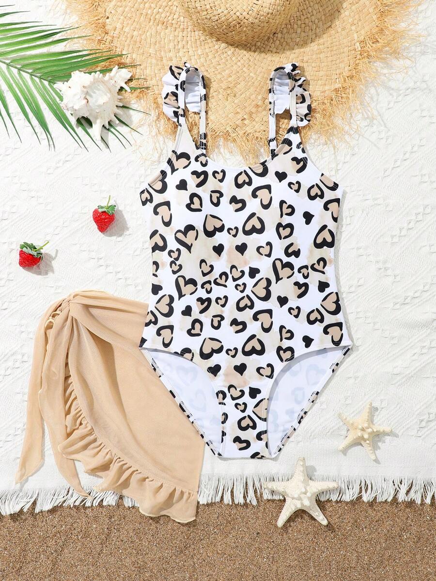 SHEIN Tween Girl Leopard And Heart Print One-Piece Swimsuit With Ruffle ...