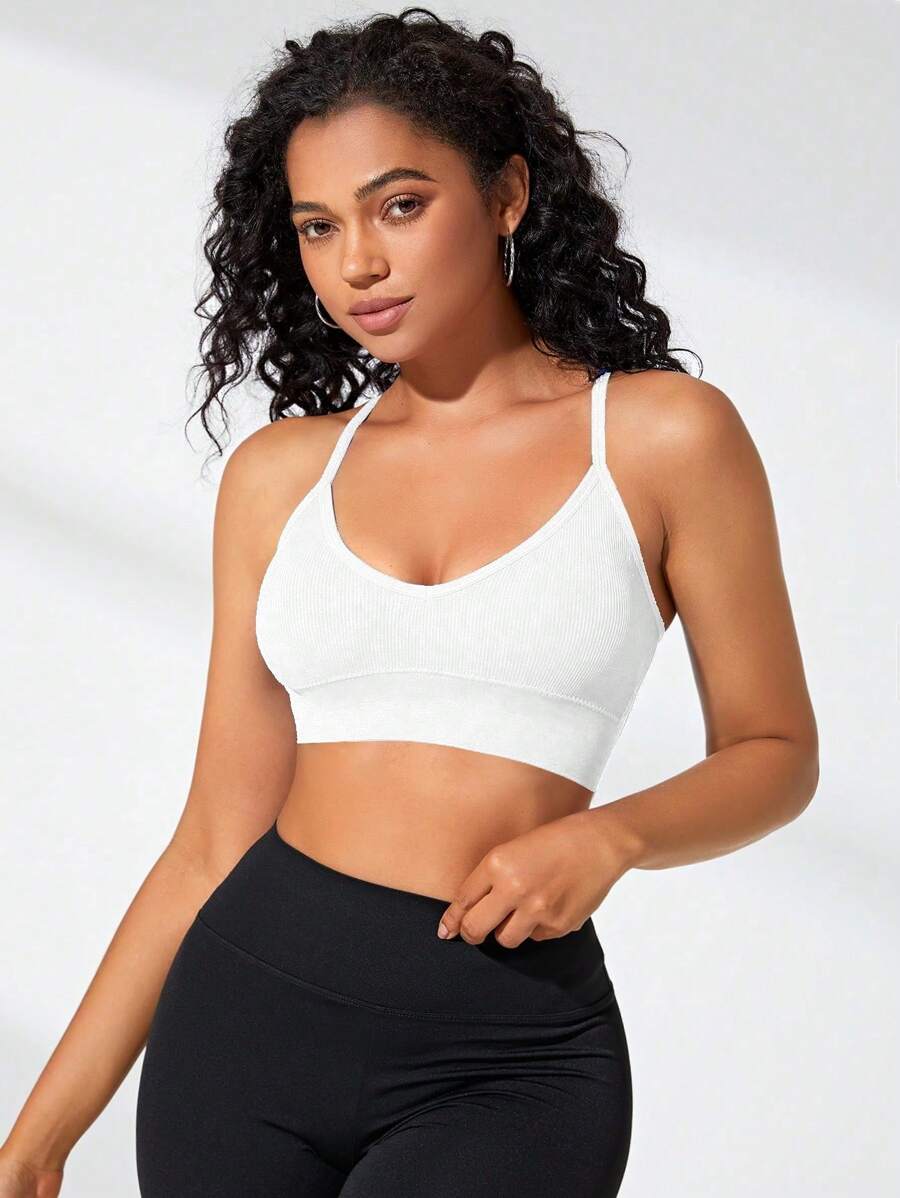 Easithlete Women's Solid Color Spaghetti Strap Criss-Cross Back Minimalist Casual Sports Bra ...