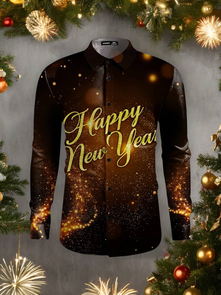 Manfinity EMRG Men's Casual 2025 New Year Firework Print Sparkle Shirt ...