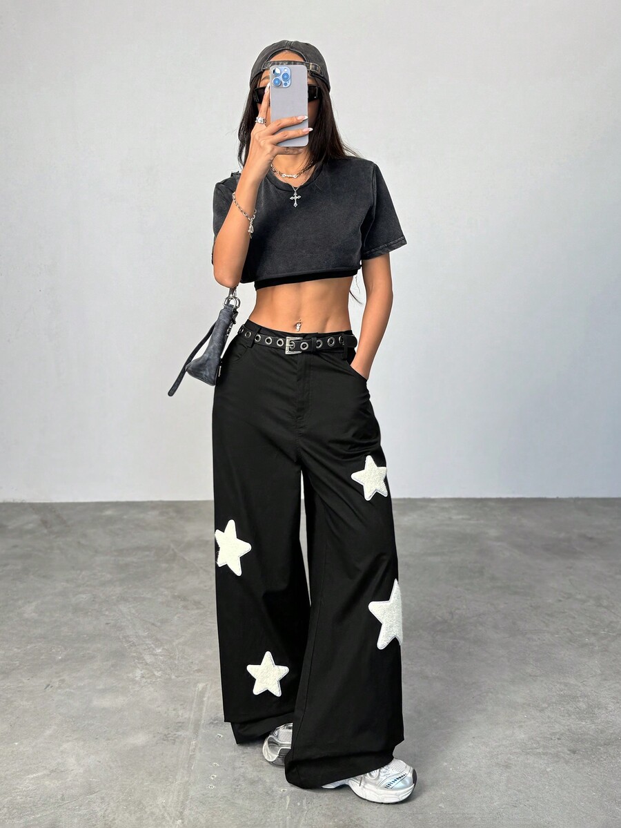 SHEIN EZwear Women's Y2K Cargo Star Pattern Patched Black Straight Leg ...