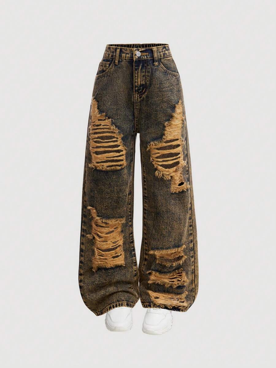 SHEIN Tween Girls Y2K Cut Out Ripped Baggy Straight Leg Denim Jeans ...