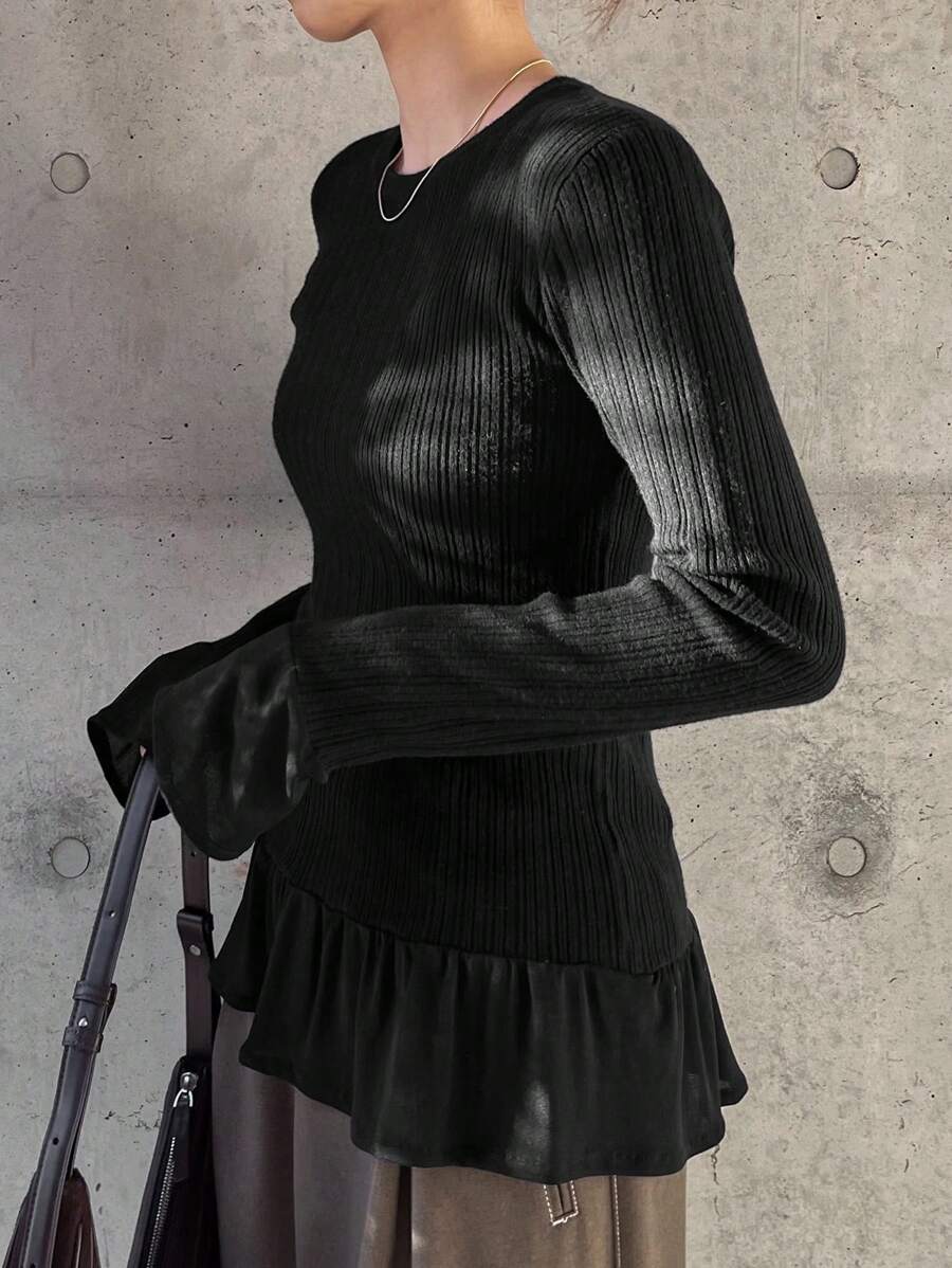 FRIFUL Women Casual Solid Color Patchwork Ruffle Hem Sweater, Autumn ...