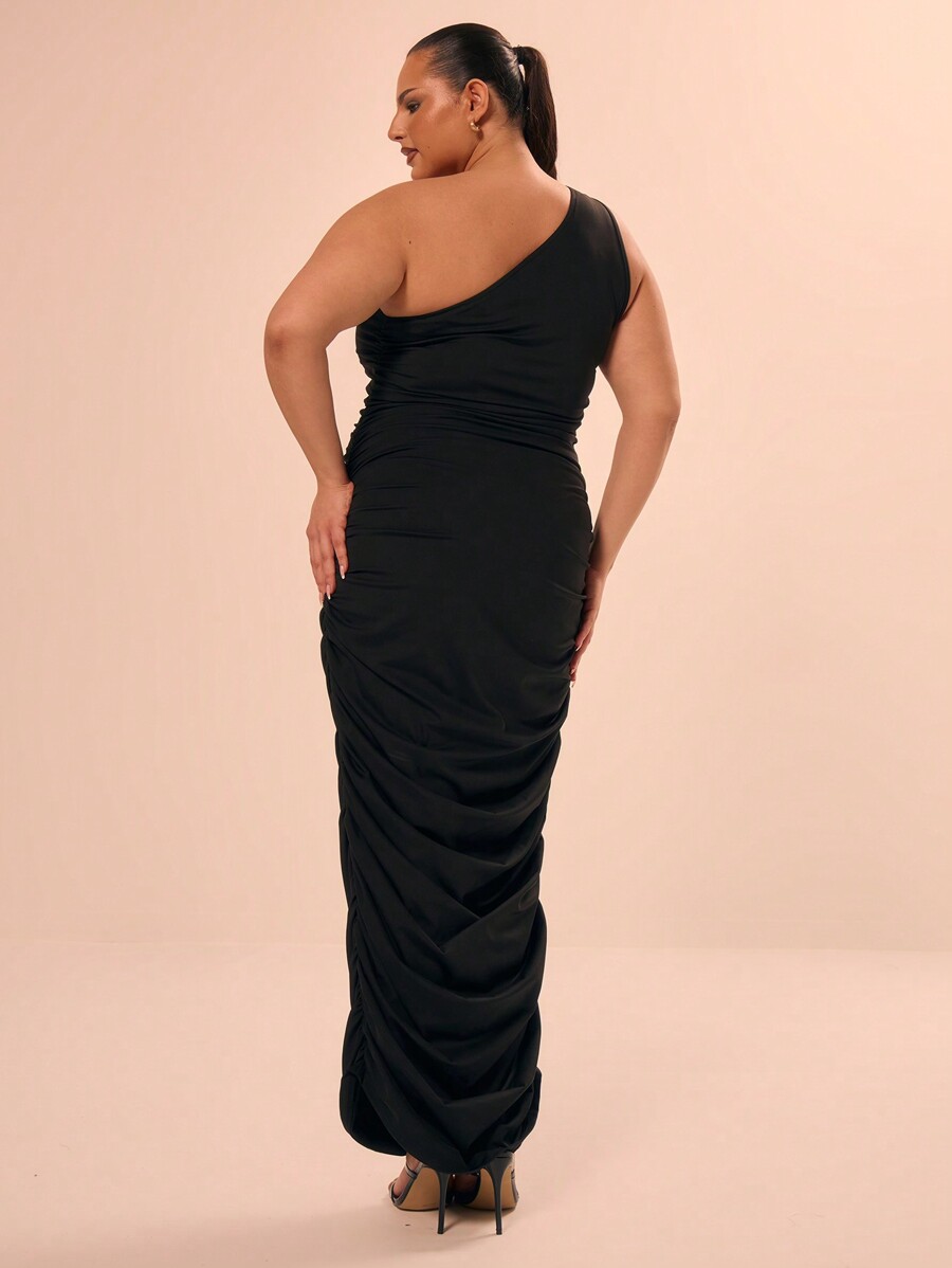 MUSERA Plus One Shoulder Slinky Ruched Side Midi Dress Elegant | SHEIN ...