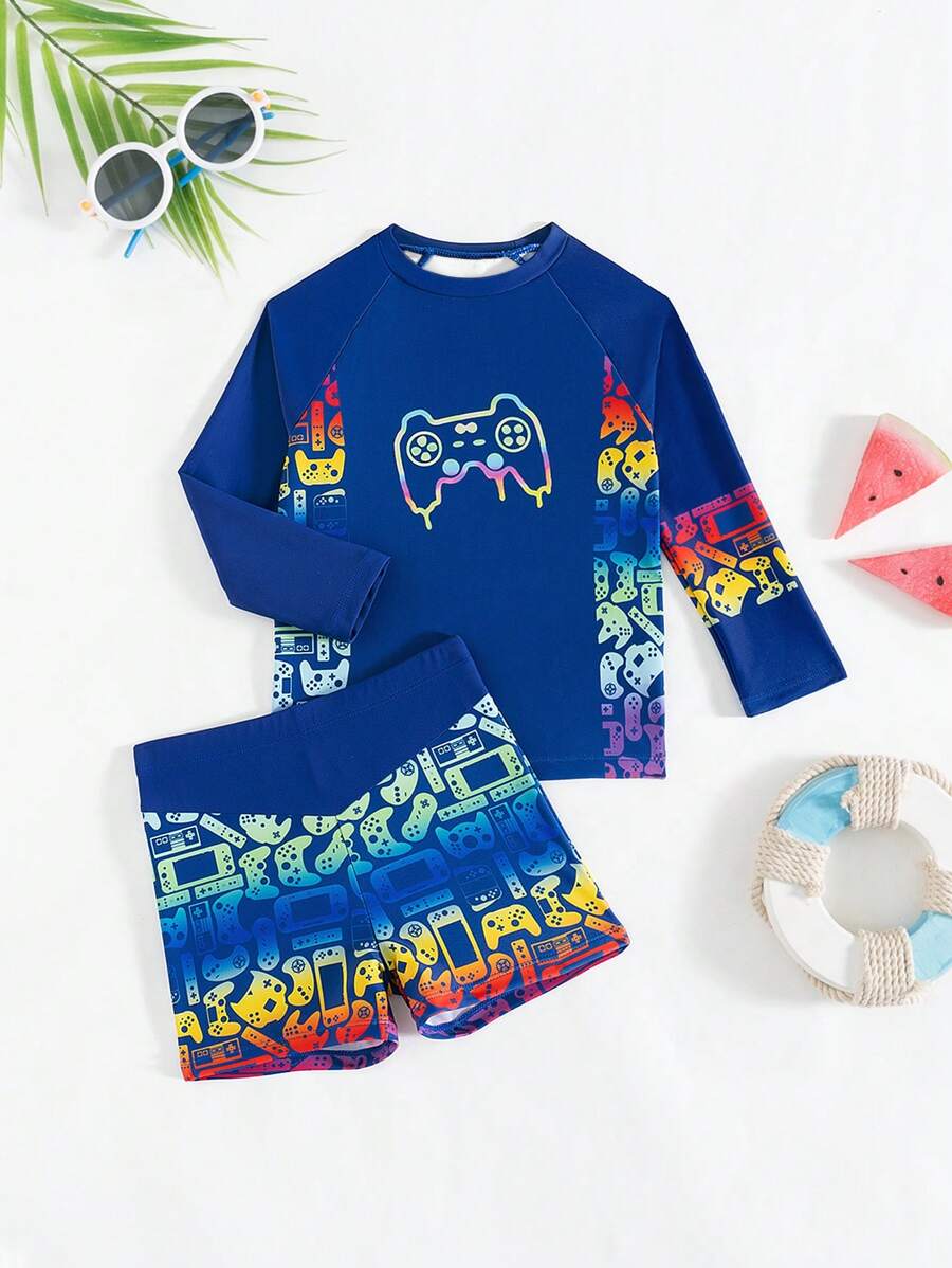 SHEIN Little Boys Fashionable Graffiti Printed Long Sleeve Swimsuit Set ...