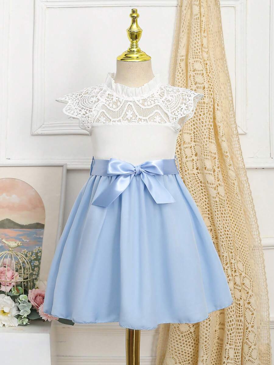 Young Girl Elegant Lace & Woven Colorblock Green Dress Splice Waist ...