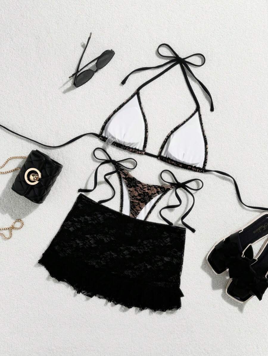 Summer 3pcs Black Sexy Lace Flounce Mini Skirt, Triangle Cup Bra & G ...