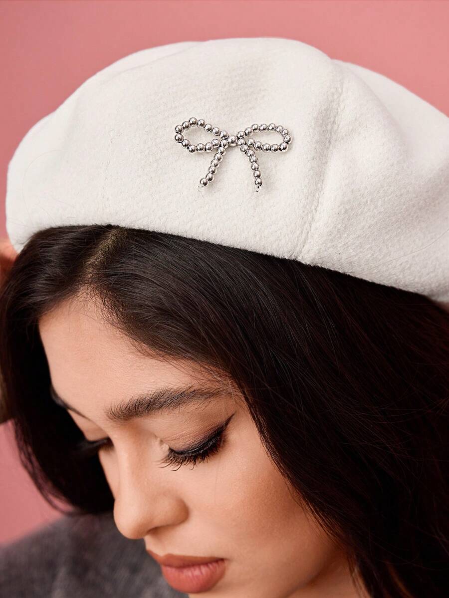 SHEIN MOD Women Casual Beret Hat With Pearl Bow Decor, For Autumn ...
