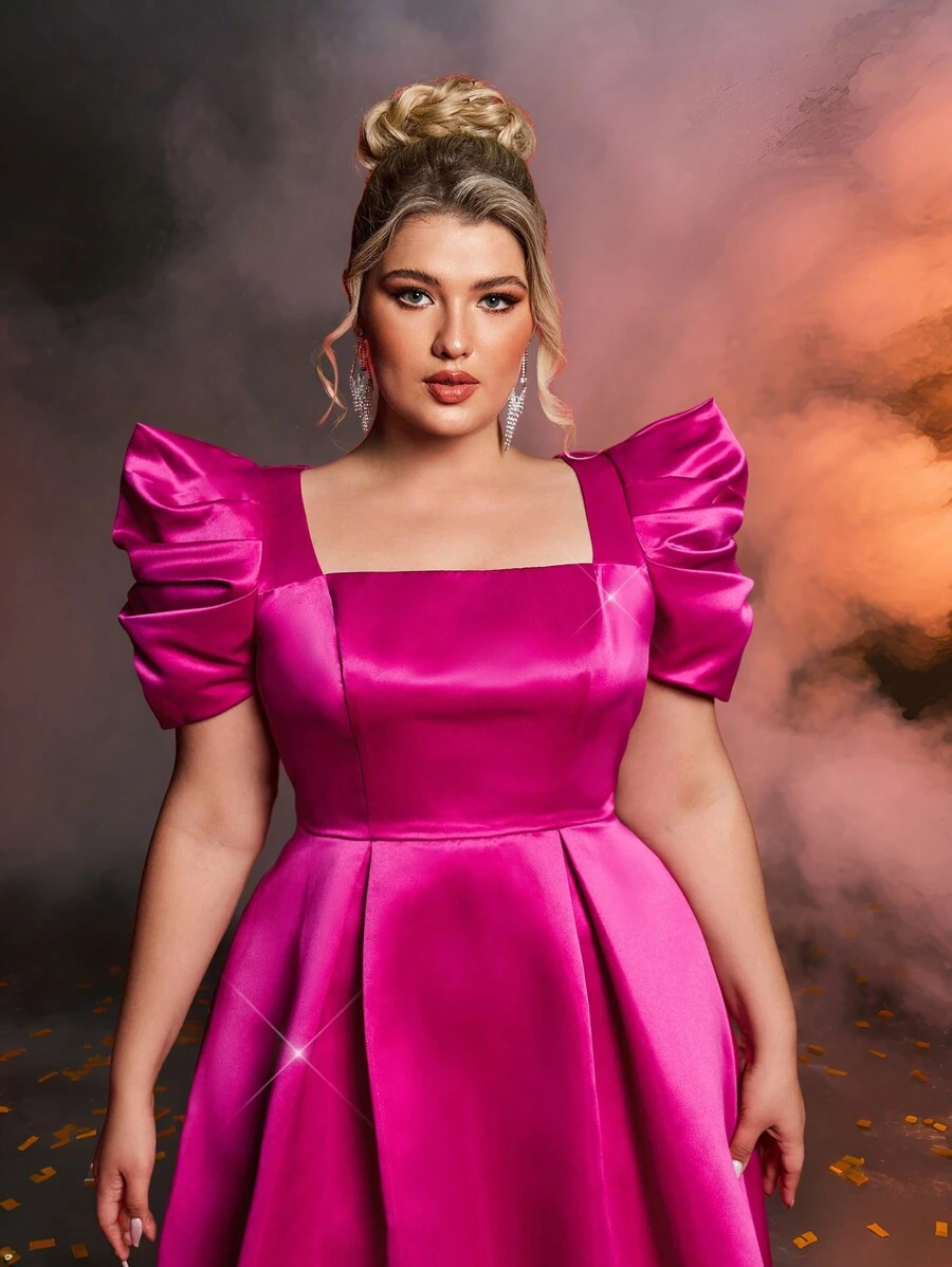 SHEIN Belle Plus Size Elegant Romantic Rose Red Bud Sleeves Exaggerated Silhouette Square Neck ...