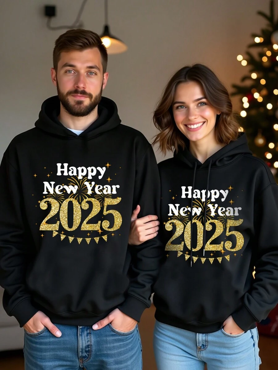 Manfinity Homme เสื้อฮู้ดผู้ชายสีดำขนาดมาตรฐาน พิมพ์ประกายทองอวยพรปี ...