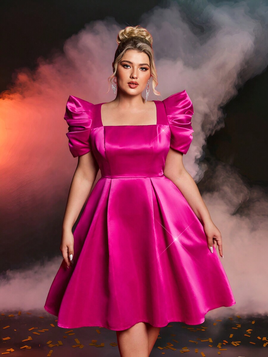 SHEIN Belle Plus Size Elegant Romantic Rose Red Bud Sleeves Exaggerated ...