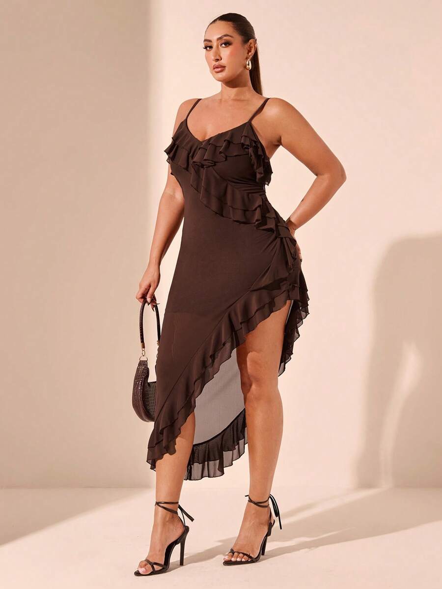 SHEIN BAE Plus Size Women's Romantic Elegant V-Neck Hollow Ruffle Trim Camisole Dress, Chocolate ...