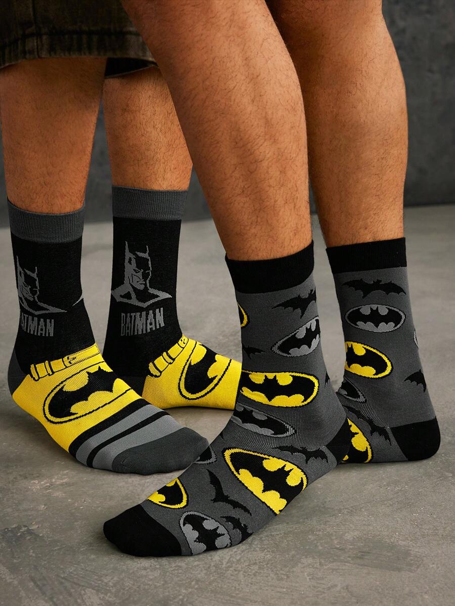 BATMAN X SHEIN 2 Pairs Hero And Bat Logo Pattern Colorblock Crew Socks,Reinforced Toe And Heel ...