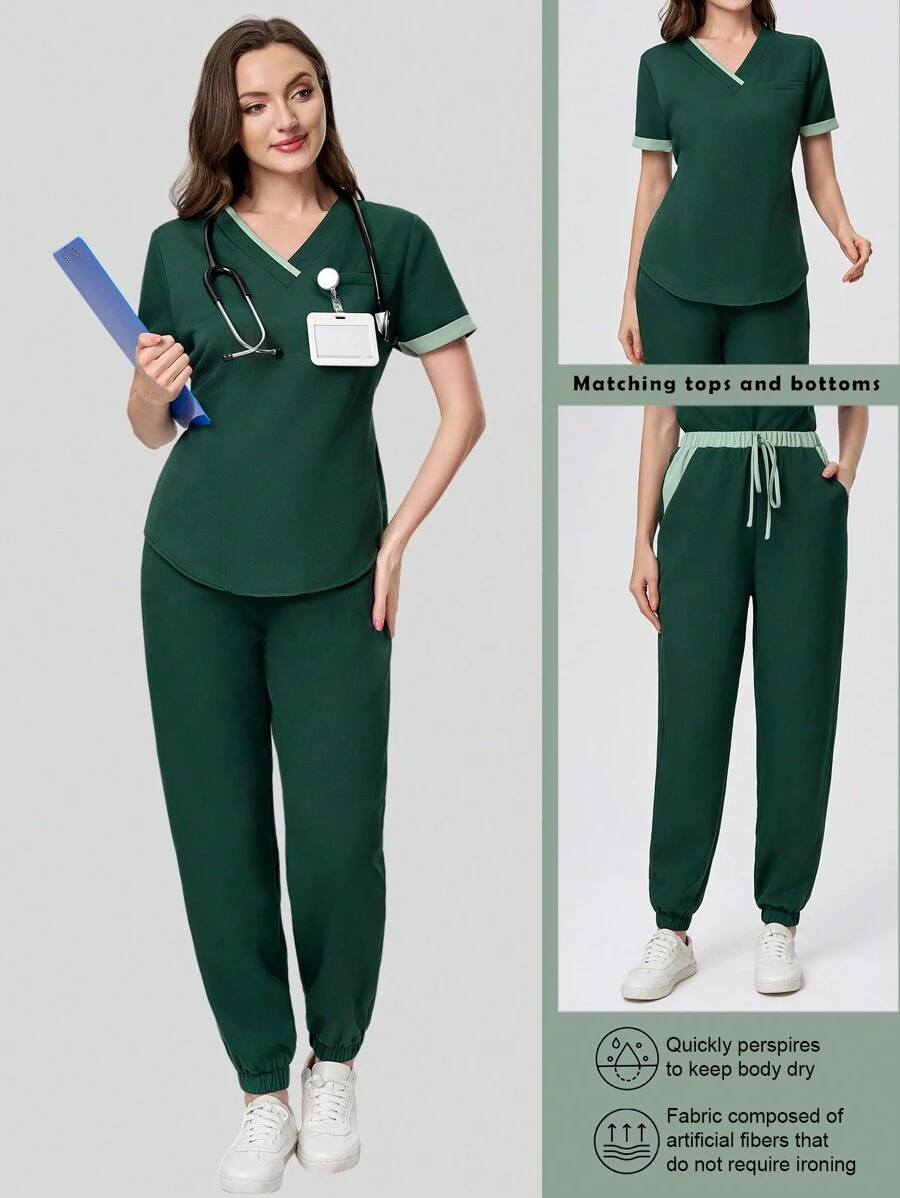 SHEIN TaskFit 2pcs/Set Women's Anti-Wrinkle Contrast Color V-Neck Tie ...