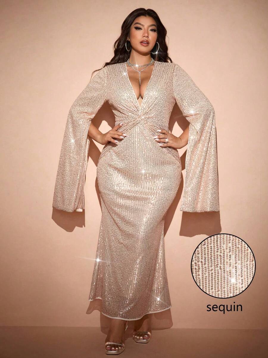 SHEIN BAE Plus Size Women Party Dress With Sequin Twist Detail And Long ...