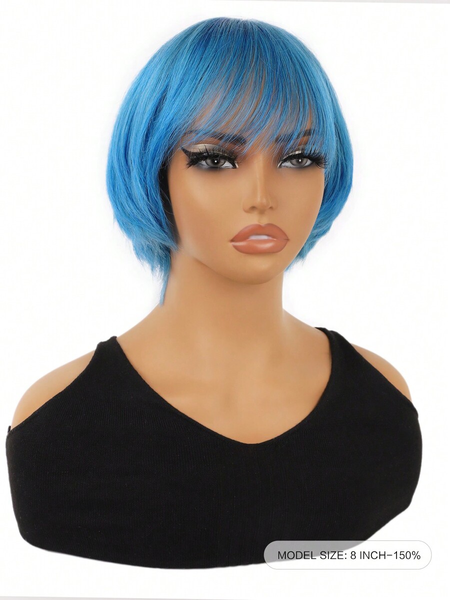 Blue Ombre Wig Short Pixie Cut Wig Real Brazilian Human Hair Blue To ...