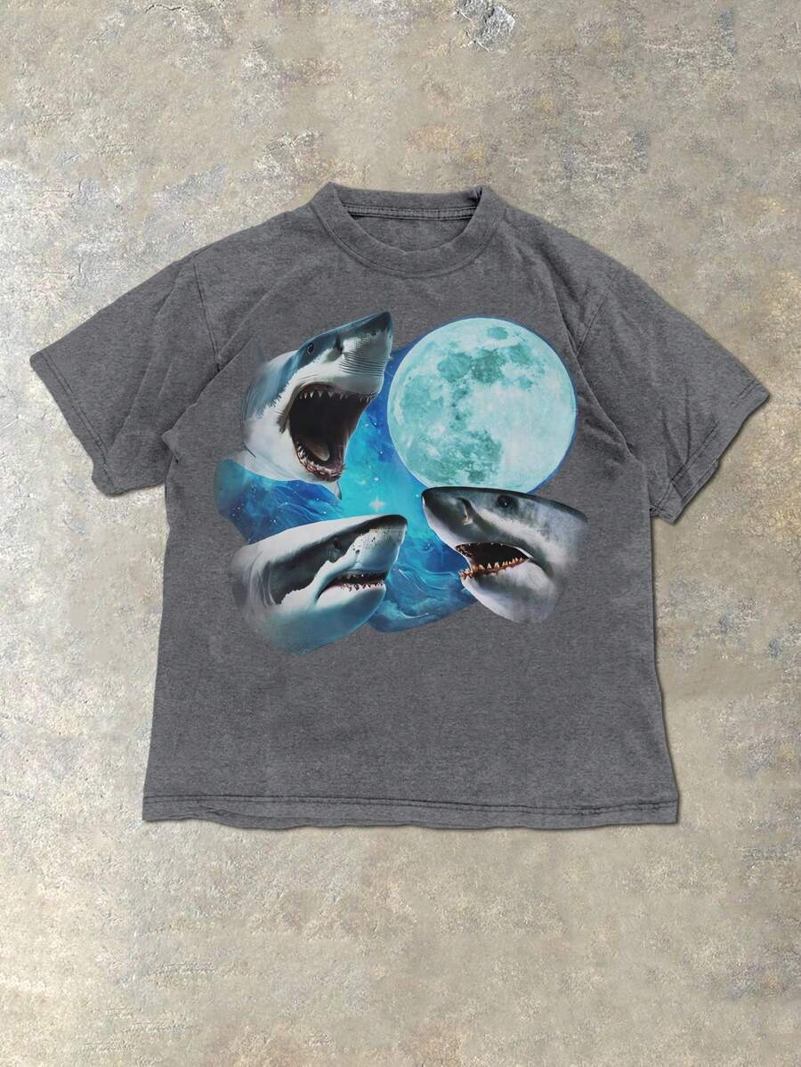 INAWLY Vintage Shark Moon T-Shirt, For Ocean Lovers | SHEIN USA