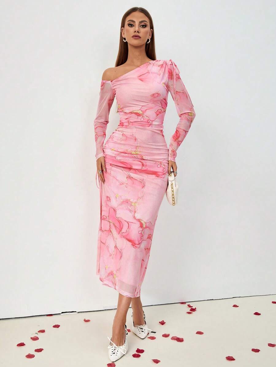 Calvaya Women Elegant Asymmetric Neckline Long Sleeve Pleated Hem Side ...