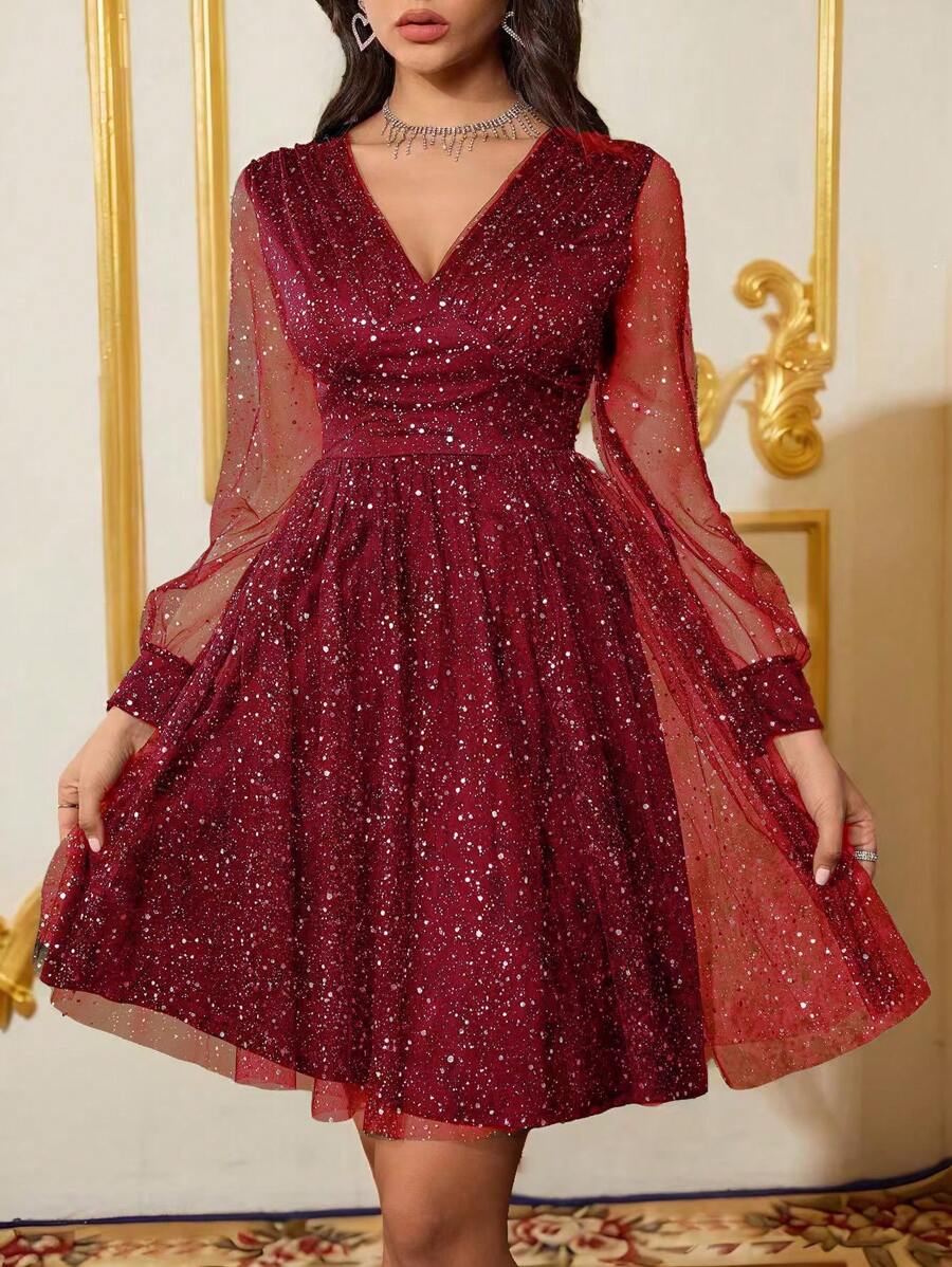 SHEIN Belle Formal Long Sleeve Mesh Contrast Ball Gown Dress (Heavily ...