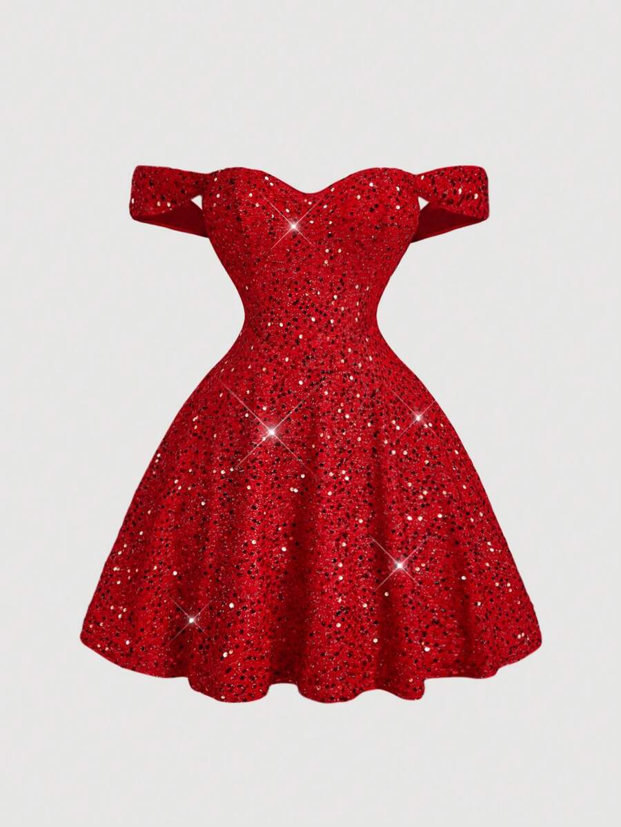 SHEIN MOD Plus Size Women's Red Sequin Off-Shoulder Mini Dress,Formal ...