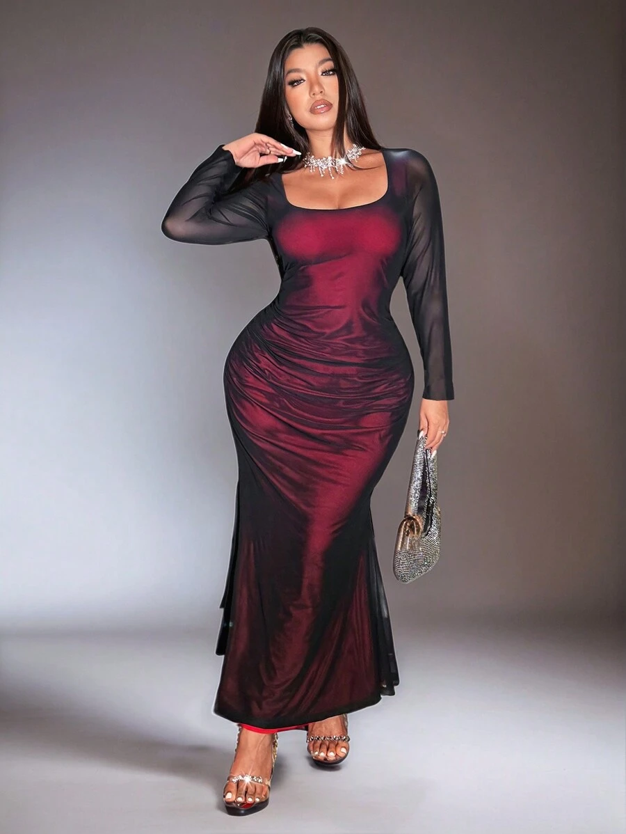 SHEIN BAE Long Sleeve Dress With Red Fabric Base And Black Mesh Overlay ...