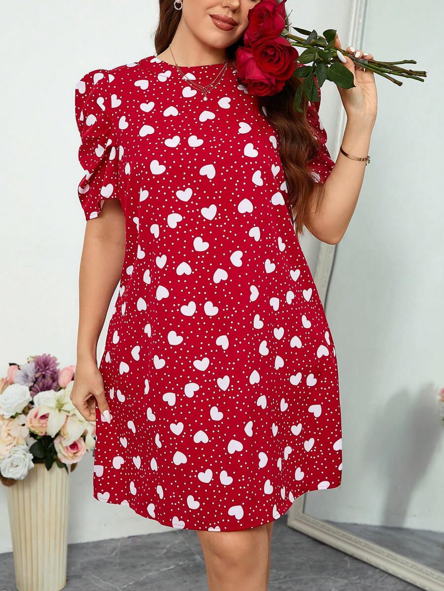 SHEIN Clasi Plus Size Summer Heart Print Short Sleeve Dress, Suitable ...