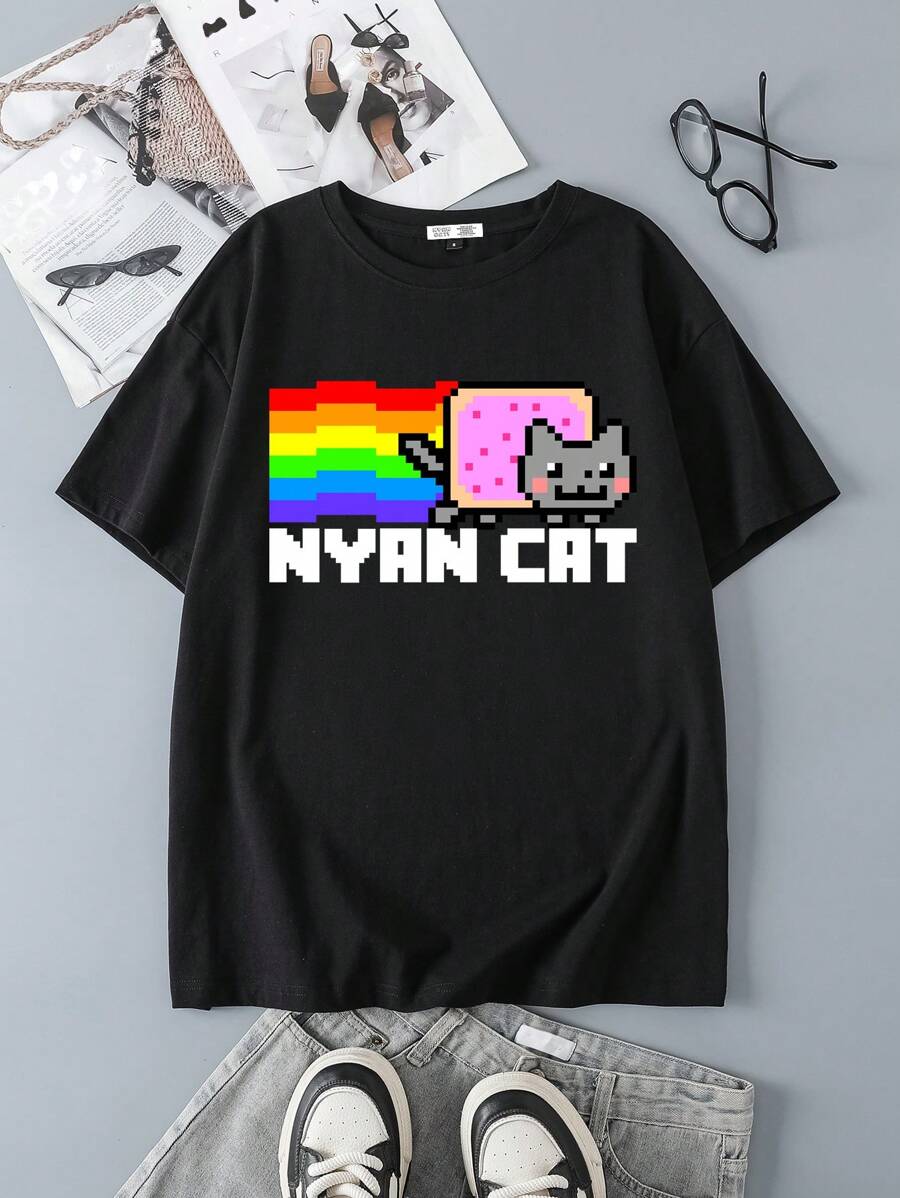 Nyan Cat X SHEIN Women Casual Loose Round Neck Short Sleeve T-Shirt ...