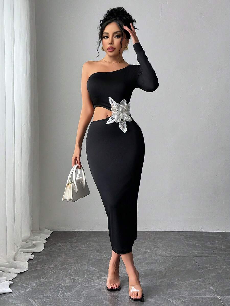 SHEIN Raffinéa Women's Solid Black Asymmetrical Floral Dress | SHEIN UK