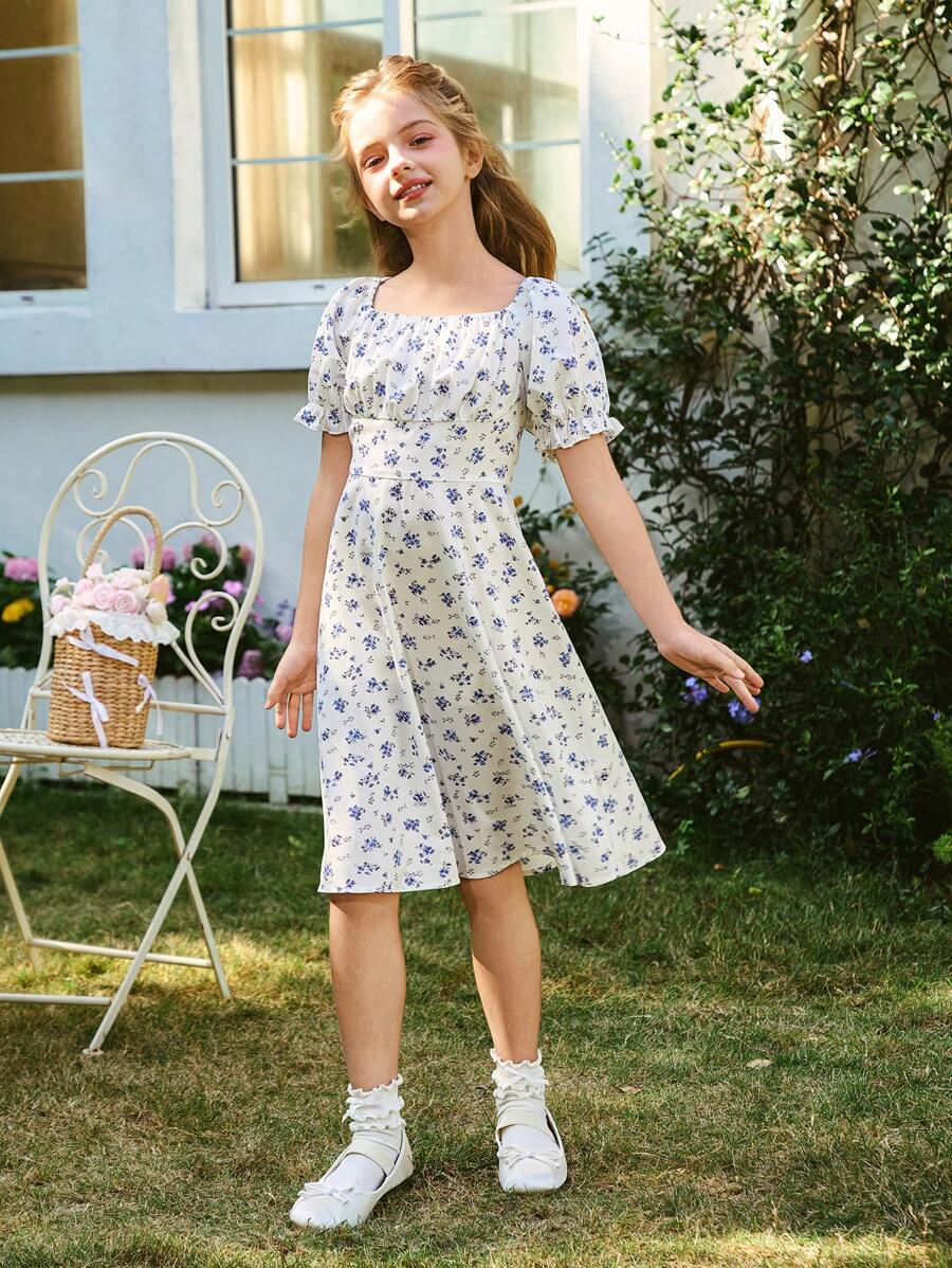 Tween Girls Blue Floral Puff Sleeve, Pastoral Style Fresh And Lovely ...