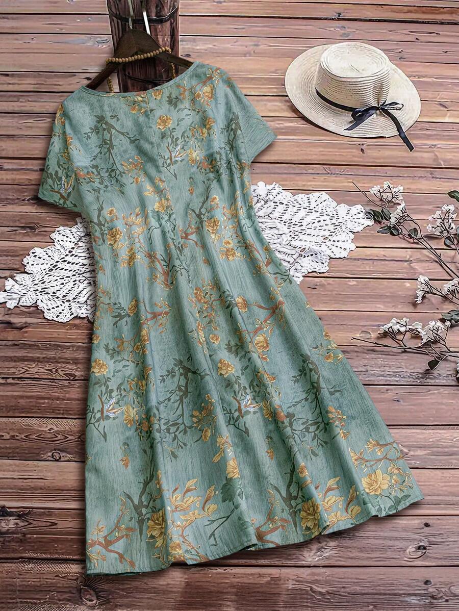 EMERY ROSE Plus Size Round Neck Short Sleeve Printed Casual Shift Dress, Everyday Wear for Sale ...