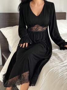 DAZY Camicia da notte in tessuto a maglia con scollo a V, inserti in ...